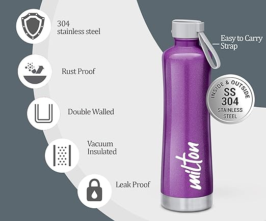 Milton New Tiara 900 Stainless Steel 24 Hours Hot and Cold Water Bottle, 750 ml, Purple